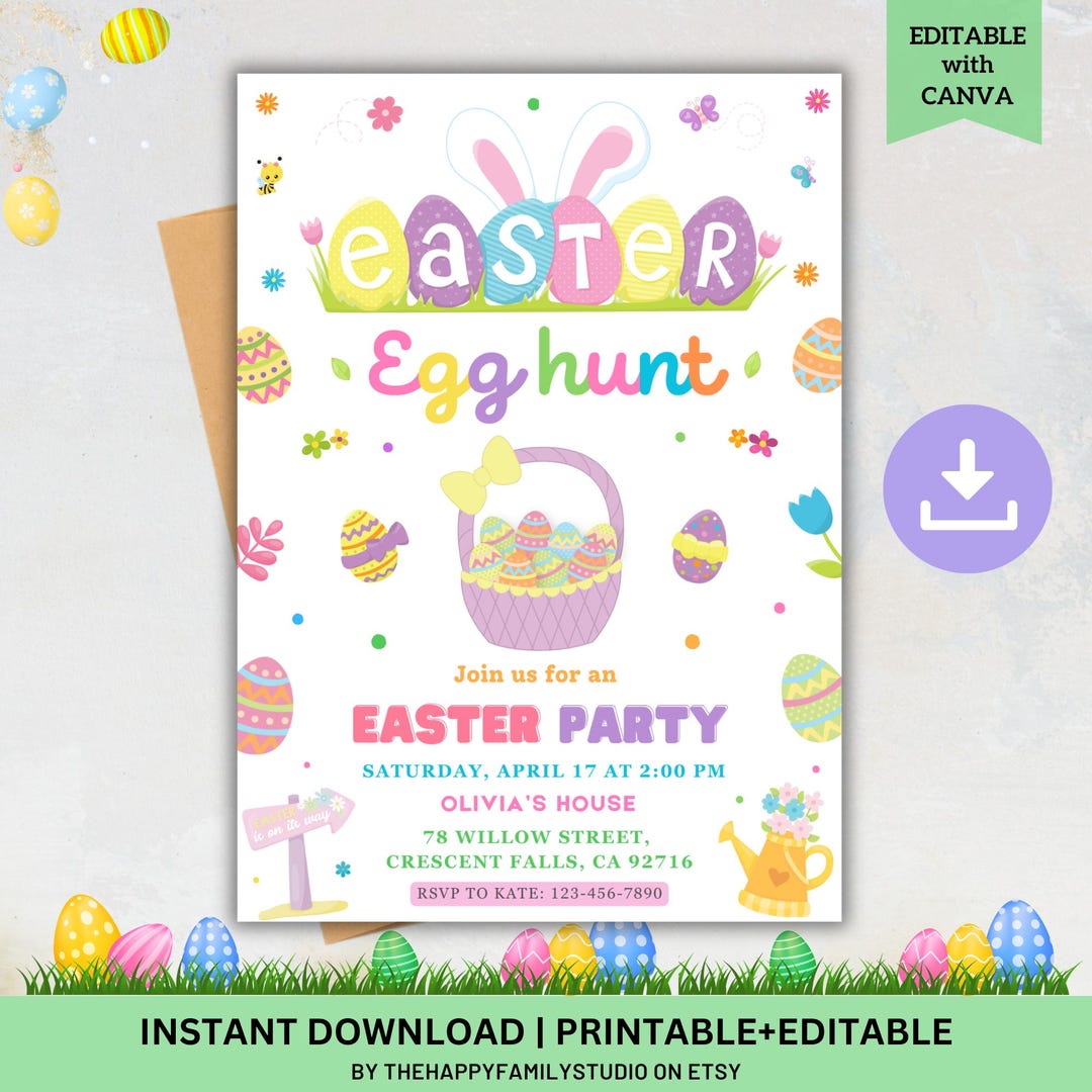Editable Easter Egg Hunt Party Invitation, Easter Bunny Invitation ...