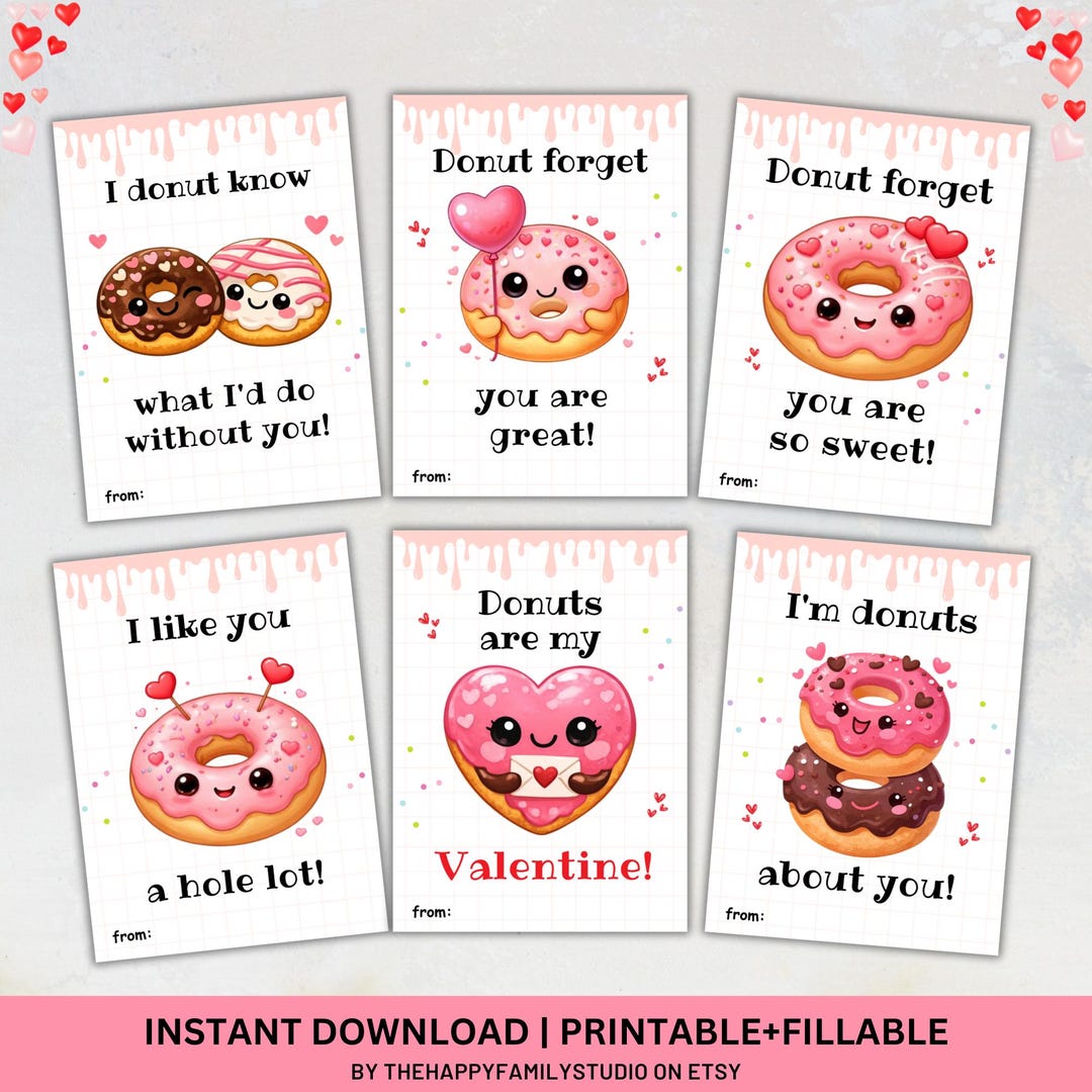 Donut Valentine Cards for Kids, Printable Classroom Valentines Day ...