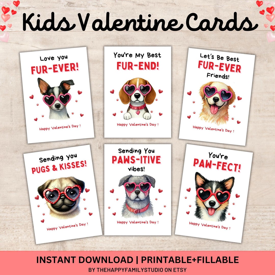 Printable Dog Valentine's Day Cards, Kids Classroom Valentines Favors ...