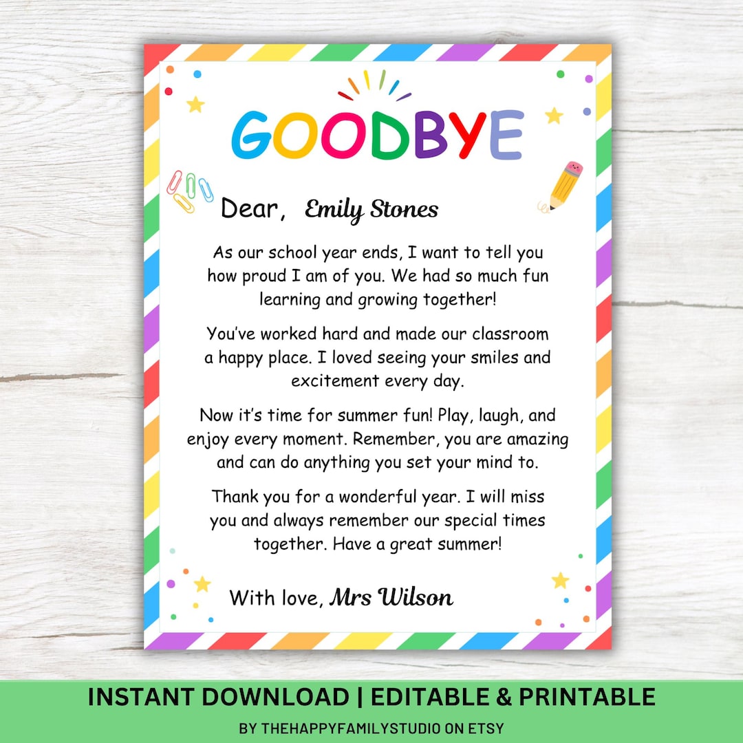 Teacher Goodbye Letter Printable, Teacher End of School Letter, Letter ...