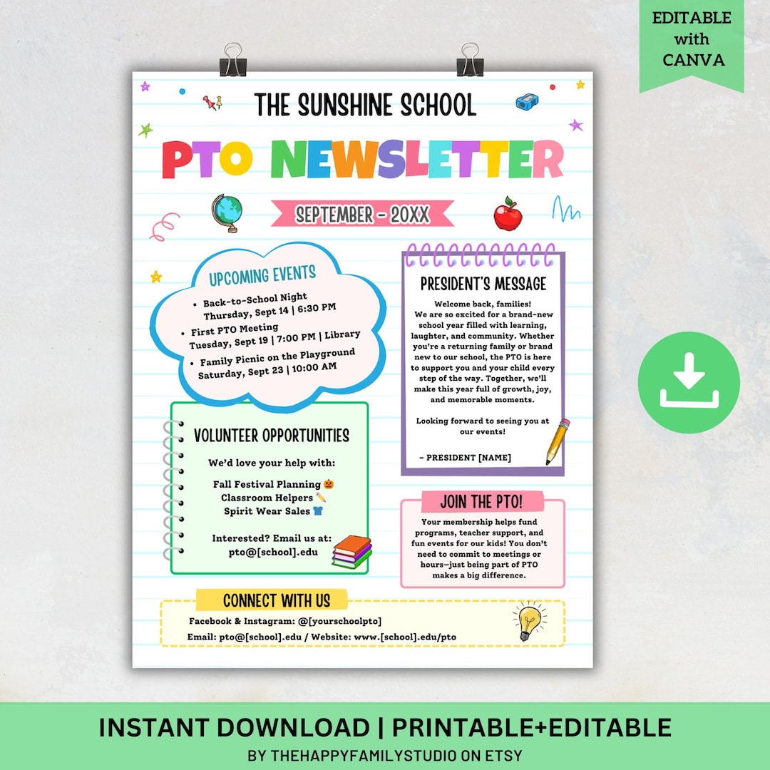 Editable PTO Newsletter Template, PTO School Communication Flyer, PTO ...