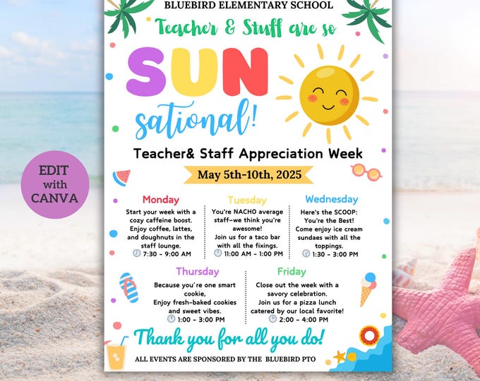 Editable Beach Theme Teacher & Staff Appreciation Sunsational Itinerary ...
