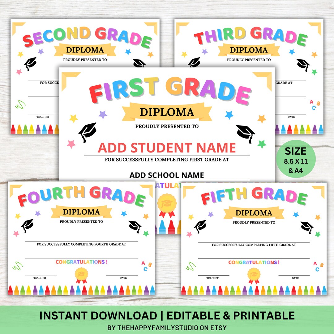 Editable First Grade ~ Fifth Grade Graduation Diploma, School ...