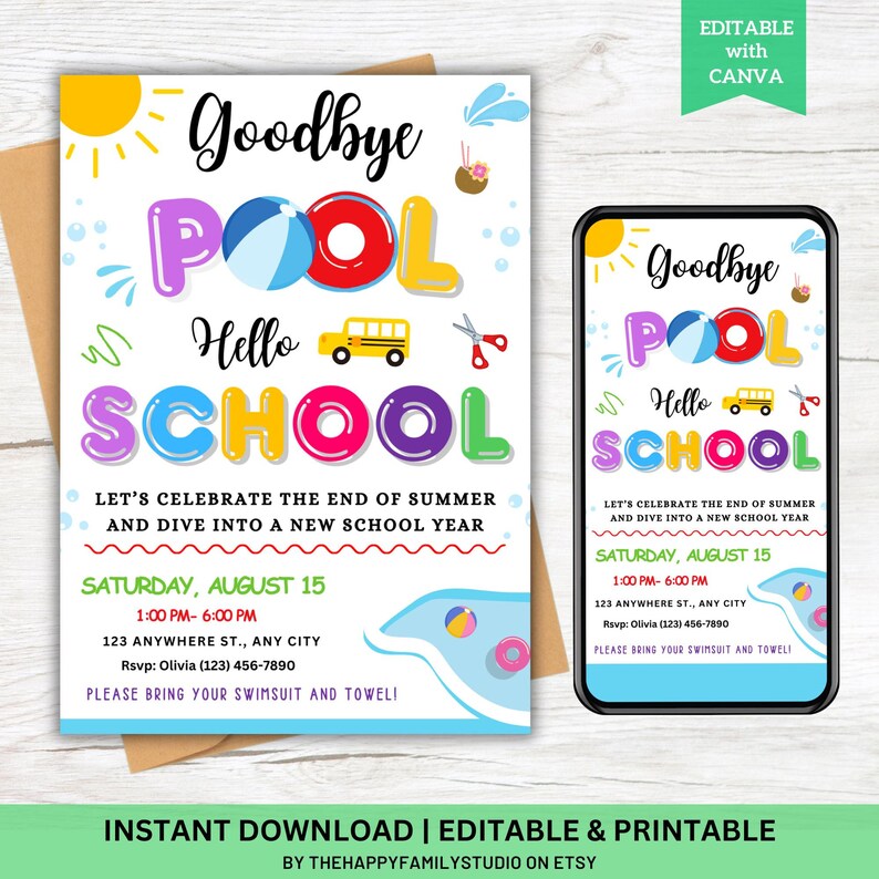 Editable Back to School Pool Party Invitation, Goodbye Pool Hello ...