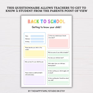 Back to School Questionnaire, Get to Know Your Child, Parent Survey ...