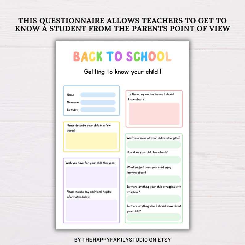 Back to School Questionnaire, Get to Know Your Child, Parent Survey ...