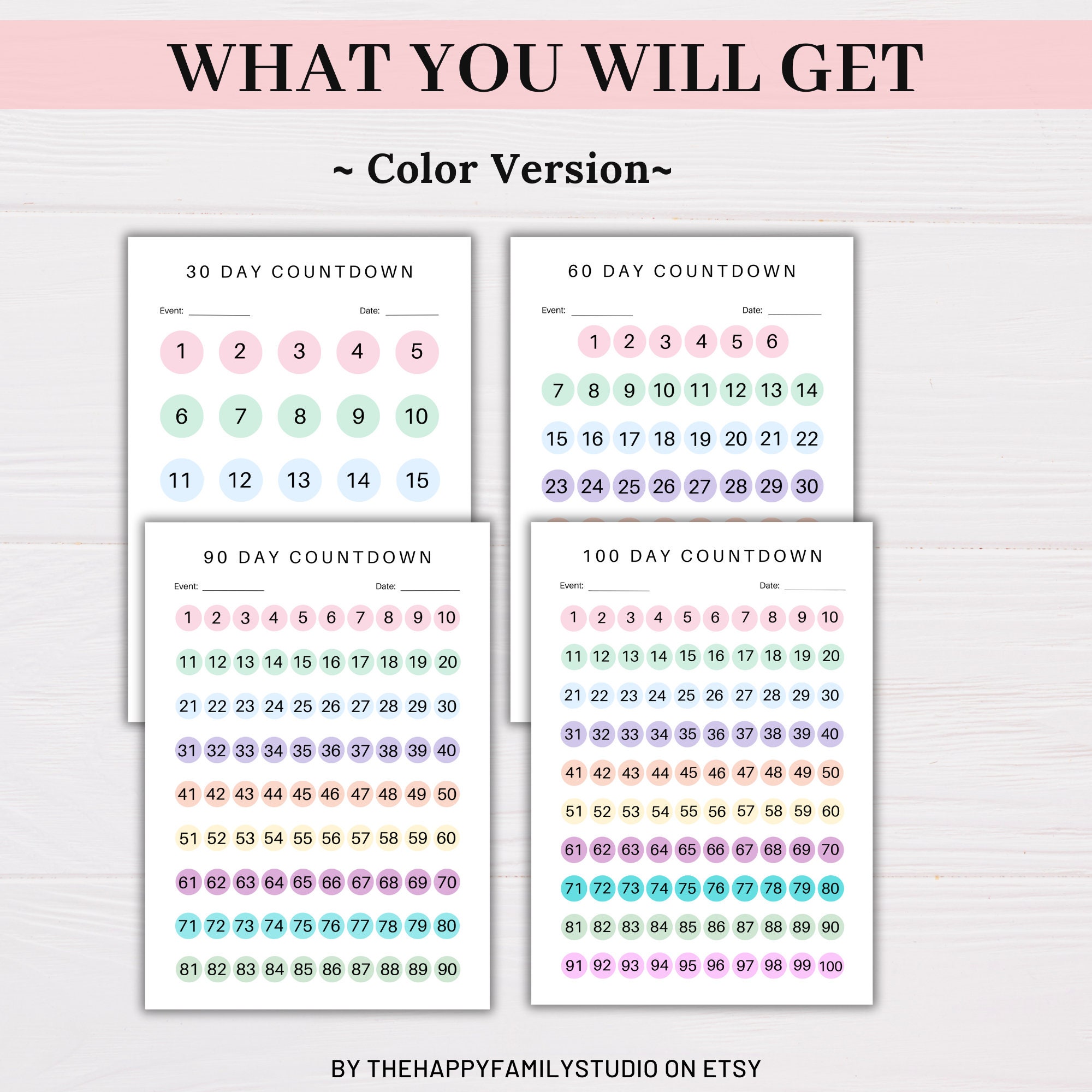 30,60,90,100 Day Countdown Printable Tracker, Countdown for Any ...