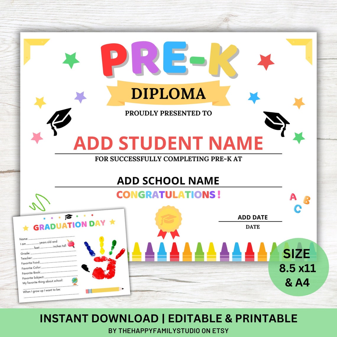 Editable Pre-k Graduation Diploma , Printable Pre-k Certificate, School ...