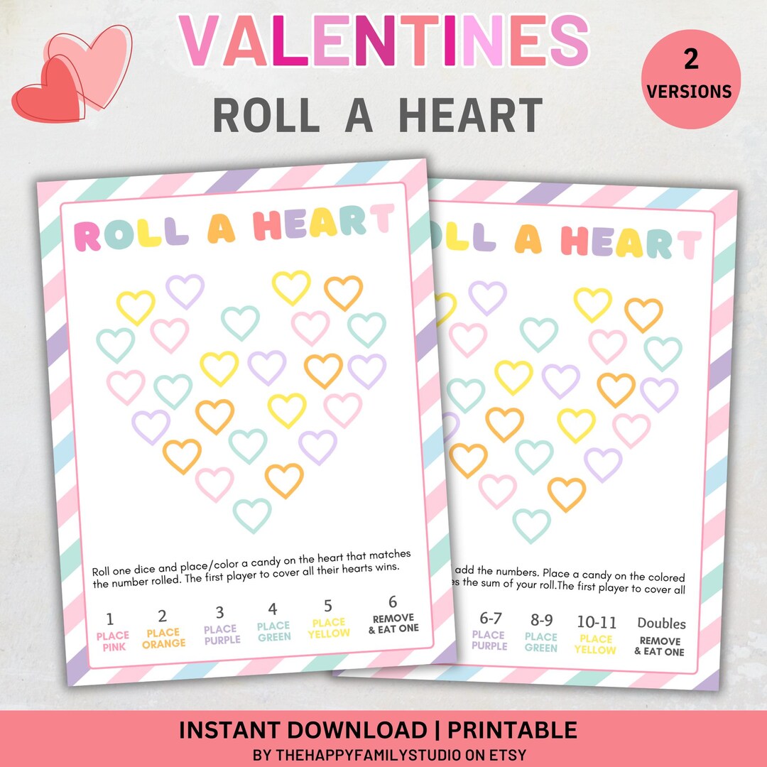 Valentine's Day Roll a Heart Game, Printable Valentines Dice Game ...
