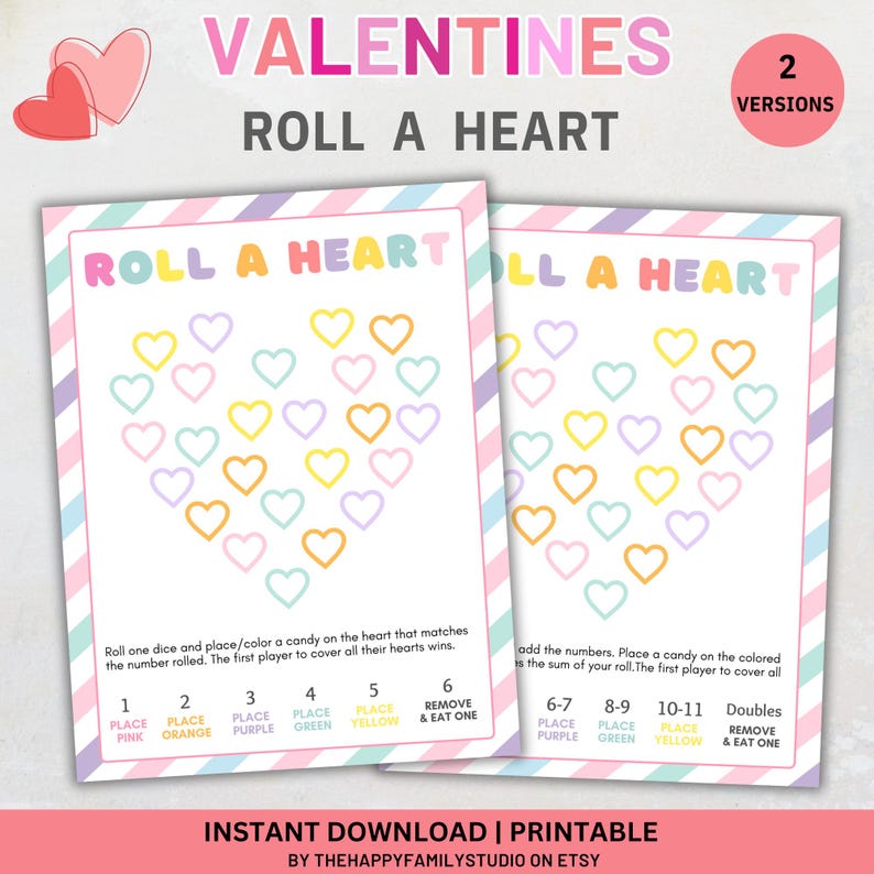 Valentine's Day Roll a Heart Game, Printable Valentines Dice Game ...