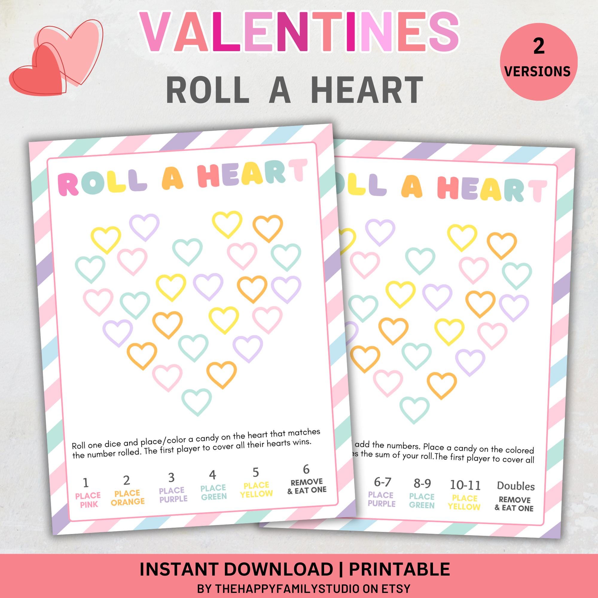Valentine's Day Roll a Heart Game, Printable Valentines Dice Game ...