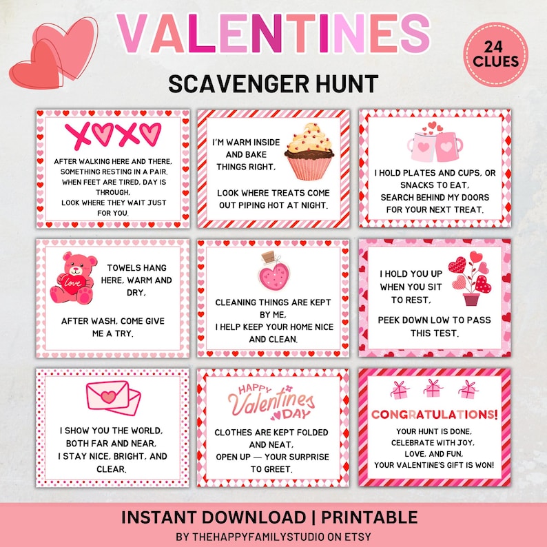 Valentines Day Scavenger Hunt for Kids, Valentines Treasure Hunt Clues ...