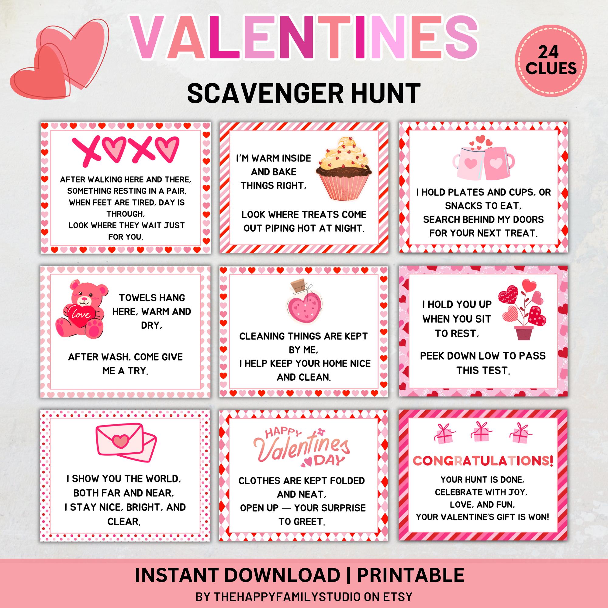 Valentines Day Scavenger Hunt for Kids, Valentines Treasure Hunt Clues ...