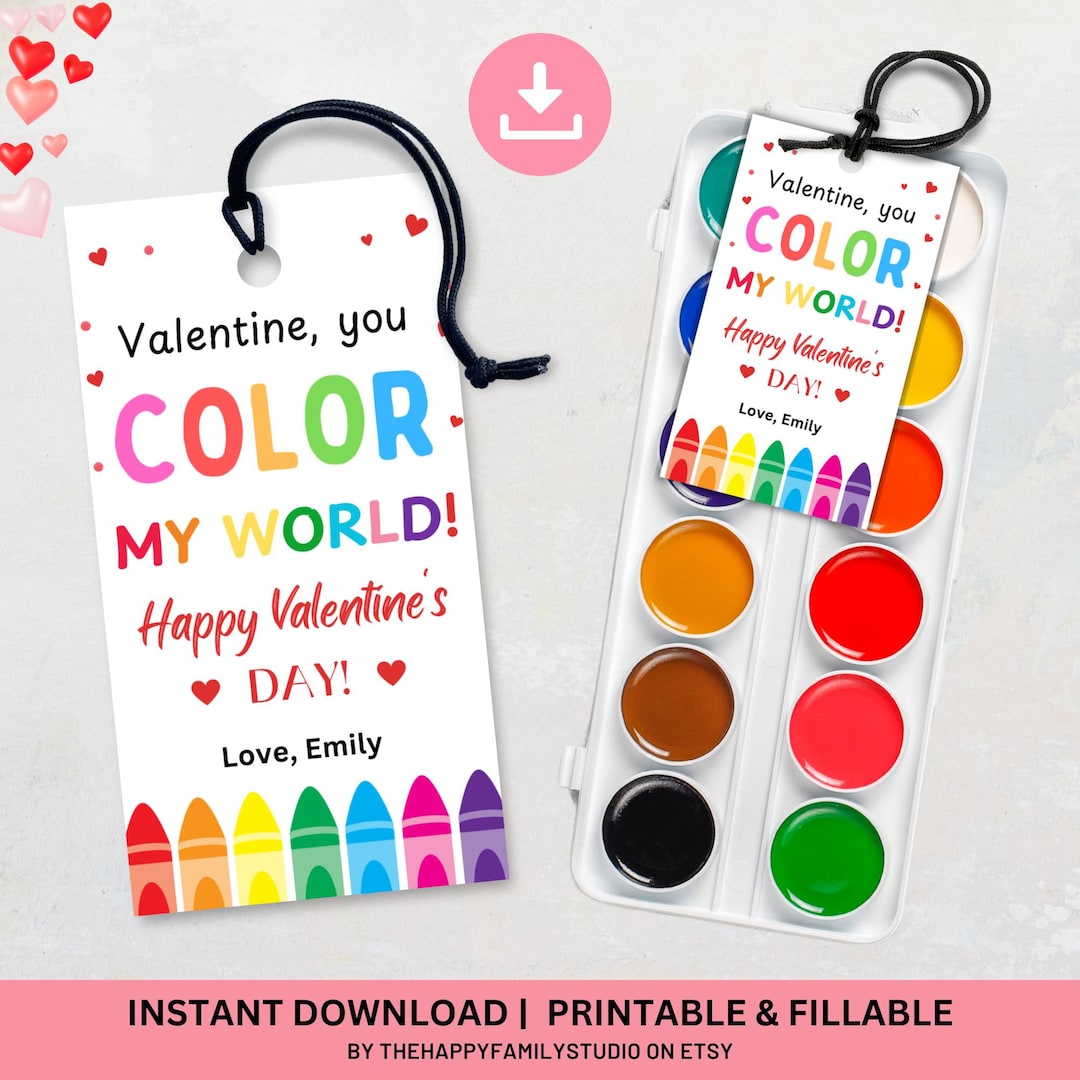 Crayon Valentine Gift Tag: Color My World, Kids Classroom (digital ...
