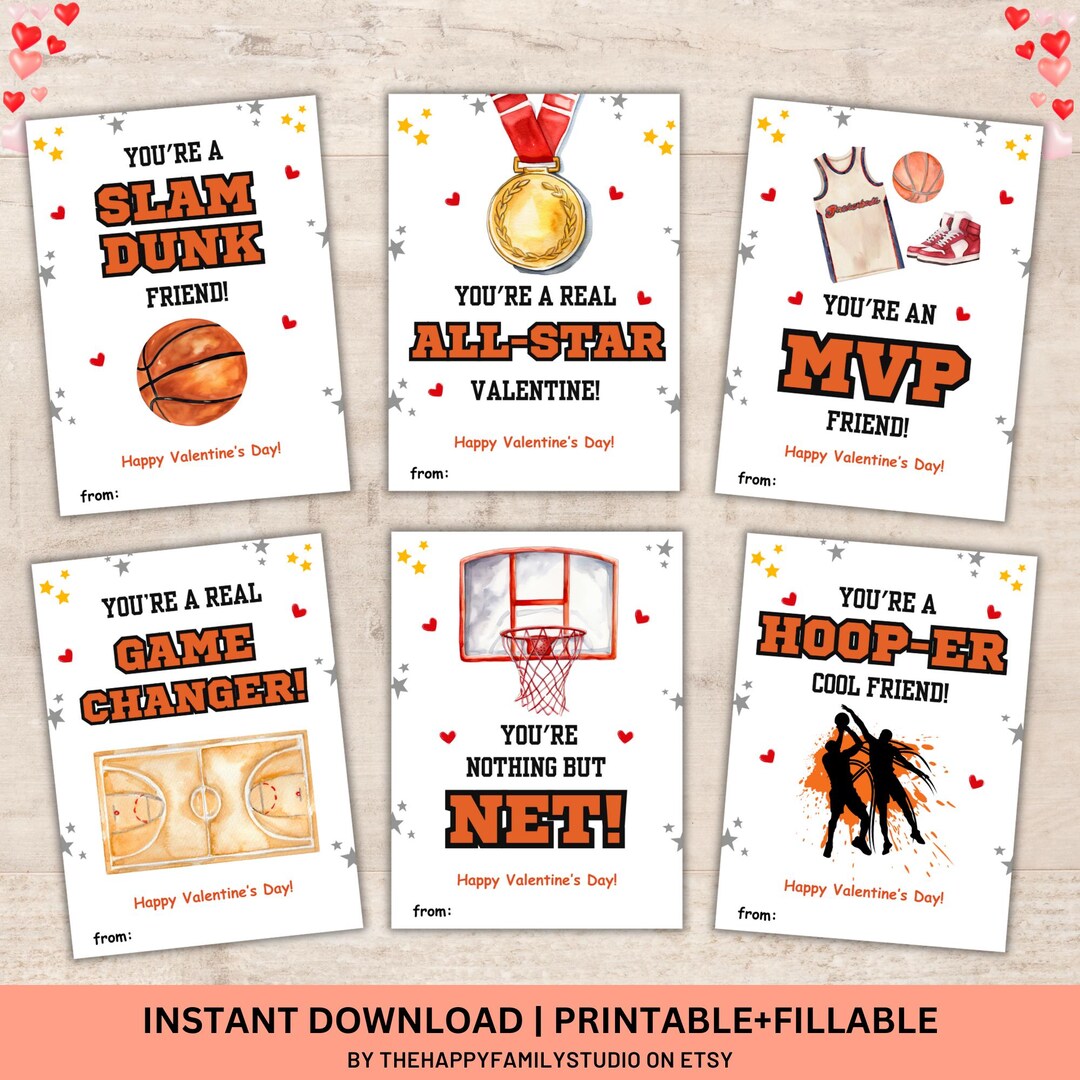 Printable Basketball Valentine Cards, Kids Classroom Valentines Card ...