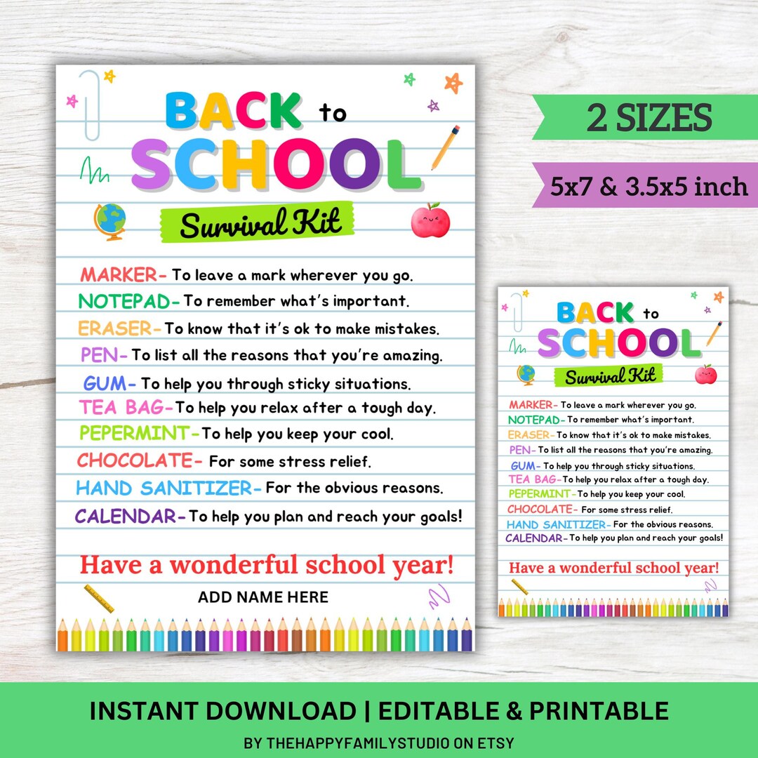 Back to School Survival Kit Editable, First Day of School Teacher Gift ...