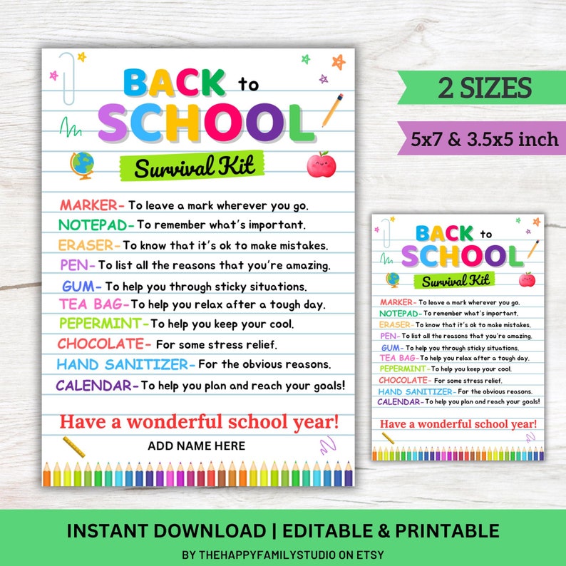 Back to School Survival Kit Editable, First Day of School Teacher Gift ...