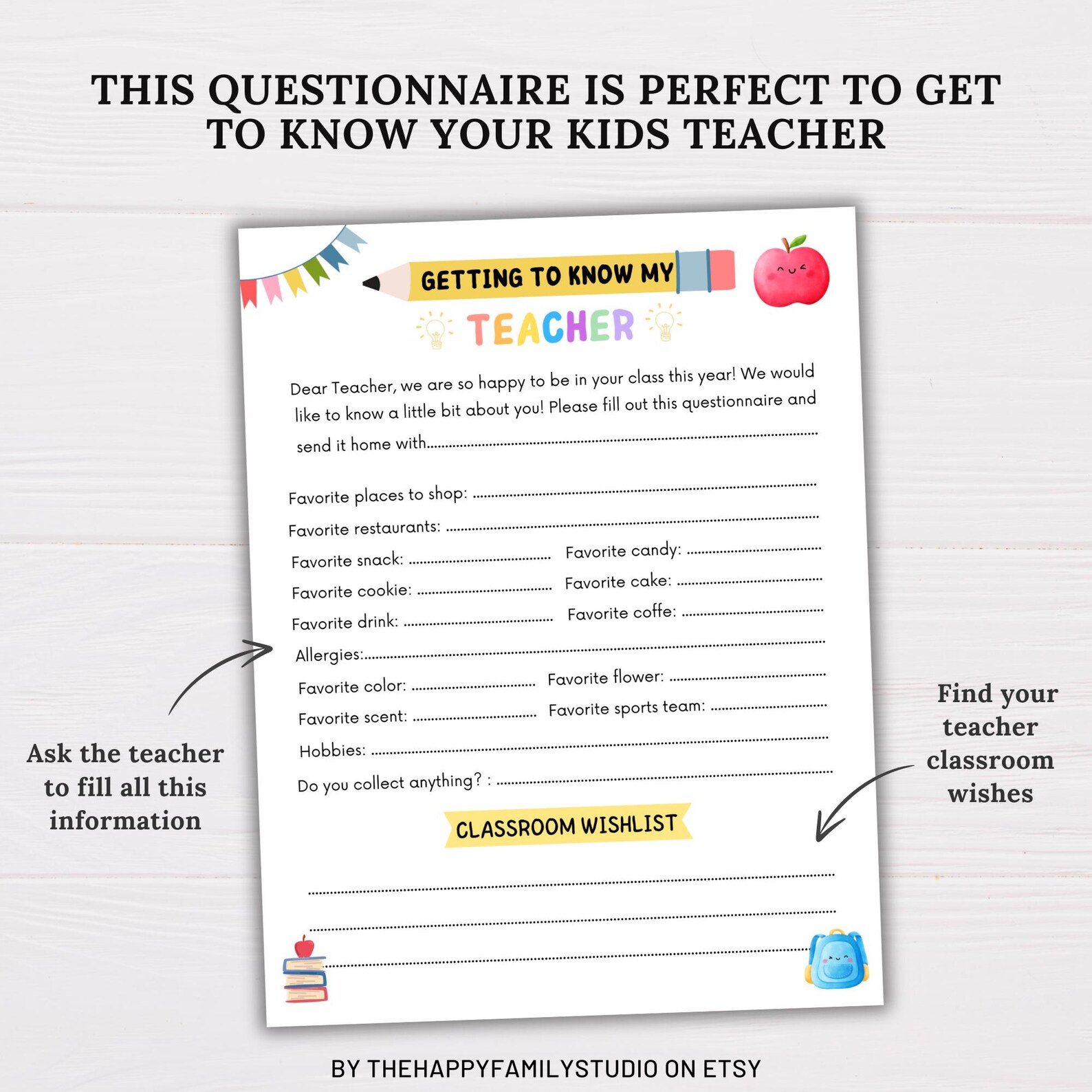 Teacher Favorite Things Questionnaire, Teacher Appreciation Gift, All ...