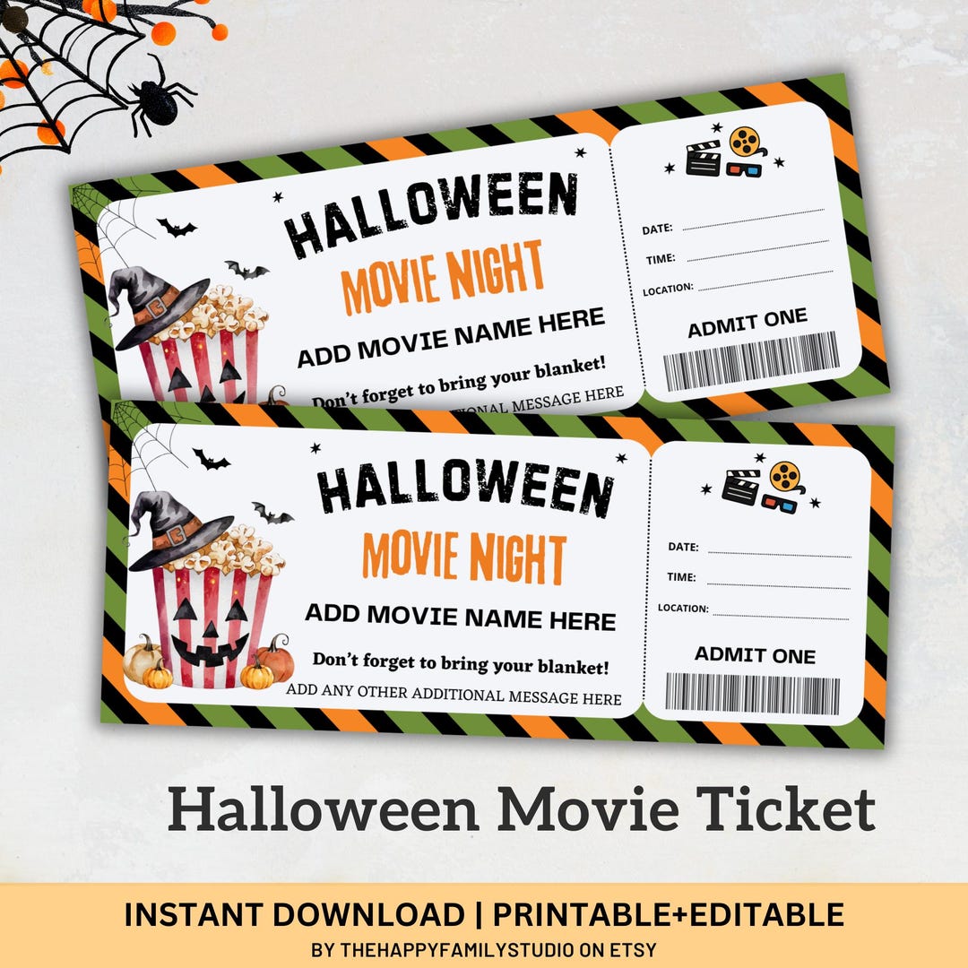 Editable Halloween Movie Night Ticket Template, Spooky Halloween Movie ...