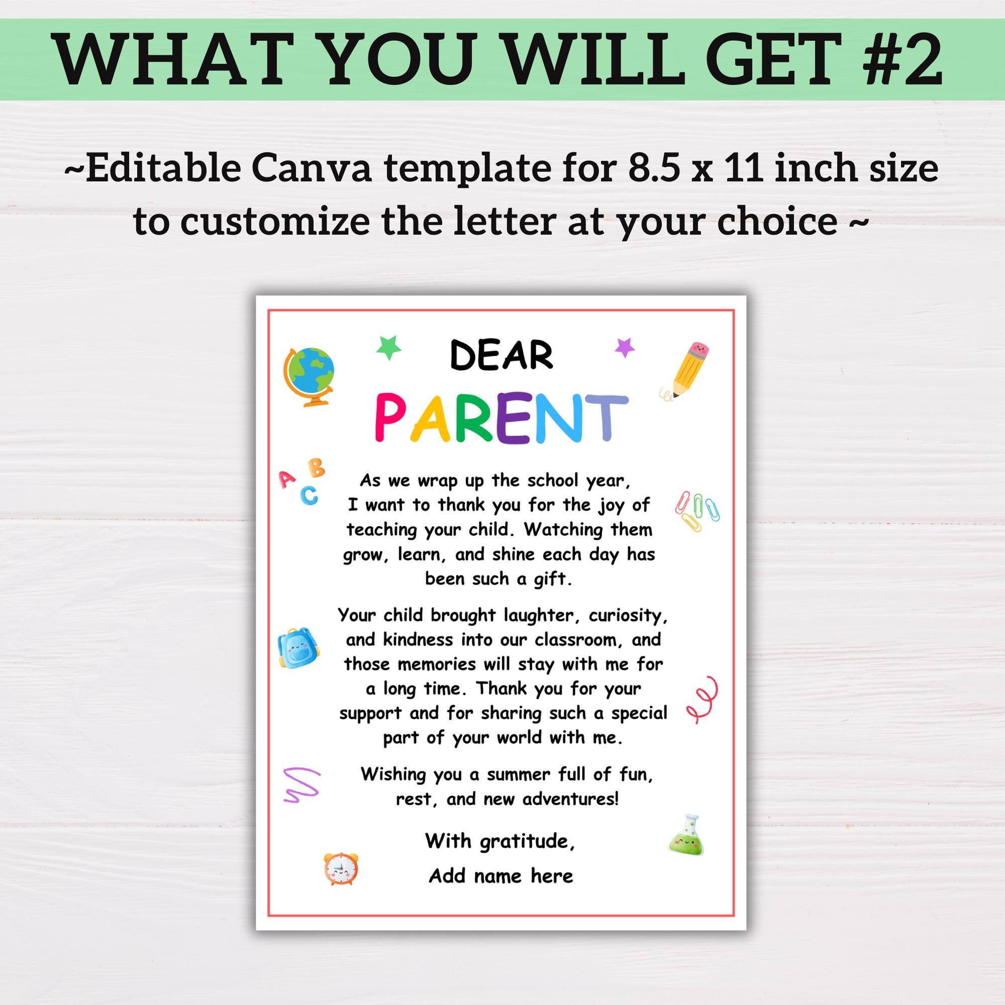 Editable End of School Year Letter to Parent, Last Day of School Gift ...