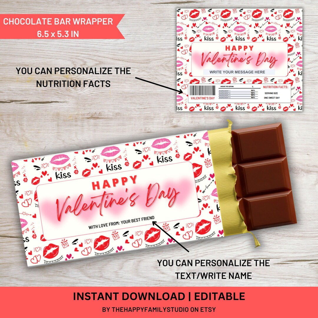 Editable Valentine's Day Chocolate Candy Bar Wrapper, Valentines Day ...