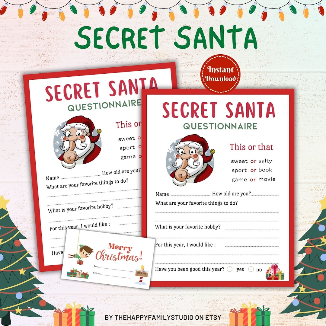 Secret Santa Questionnaire Form for Kids & Teachers, Christmas All ...