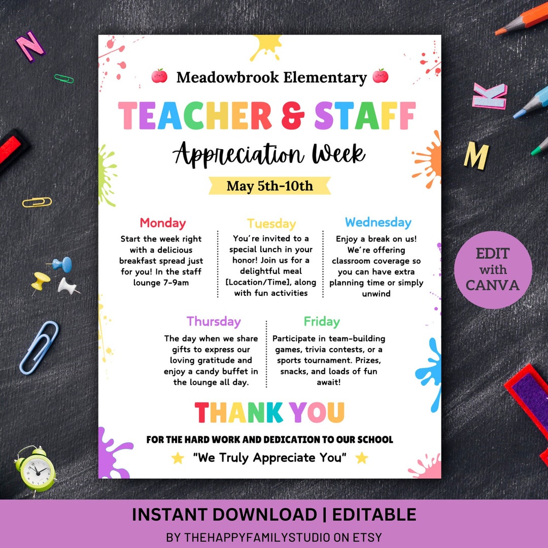 Teacher Appreciation Week Schedule, Editable Teacher Appreciation Flyer ...