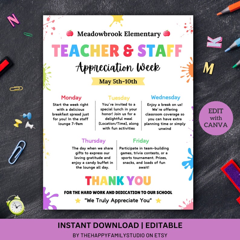 Teacher Appreciation Week Schedule, Editable Teacher Appreciation Flyer ...