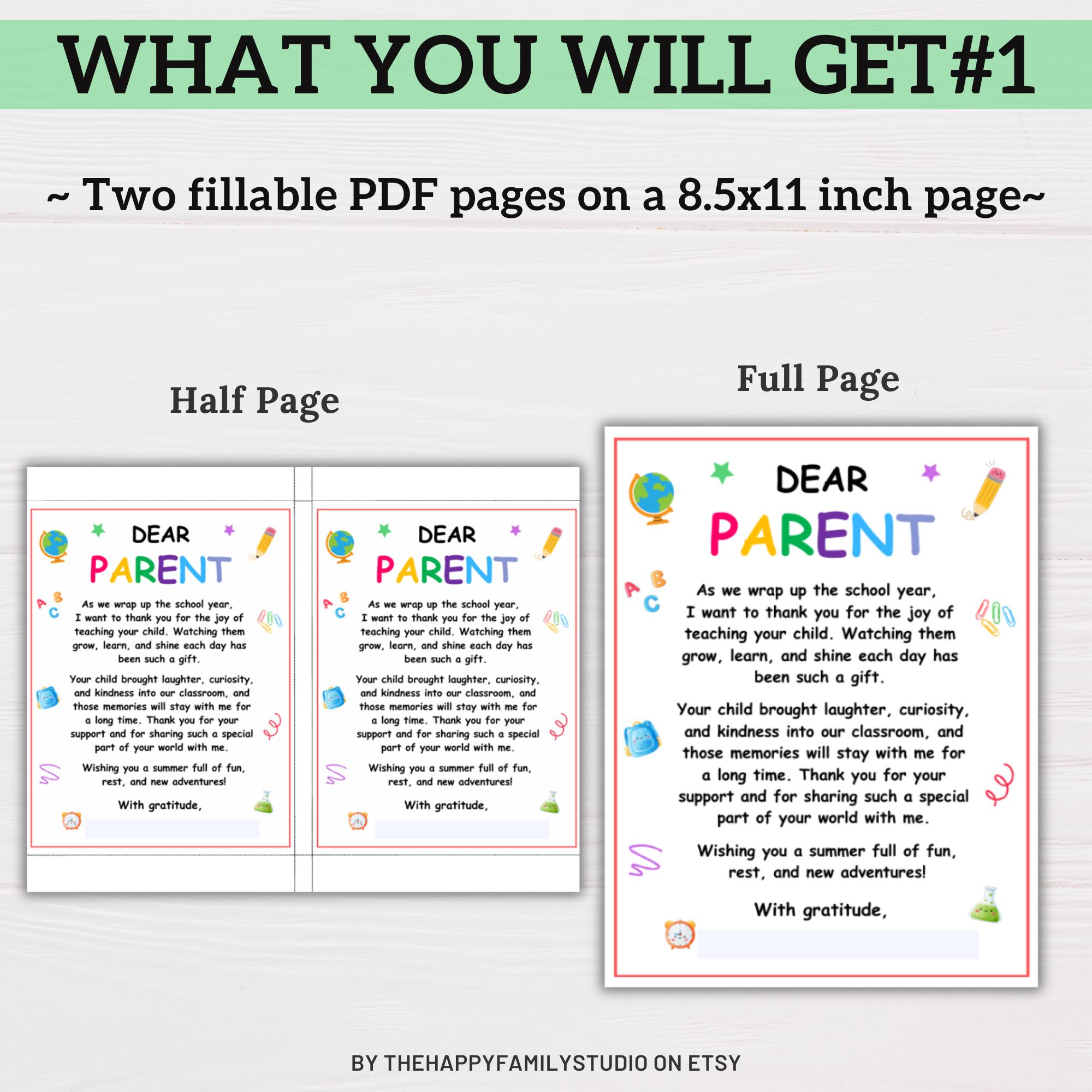 Editable End of School Year Letter to Parent, Last Day of School Gift ...