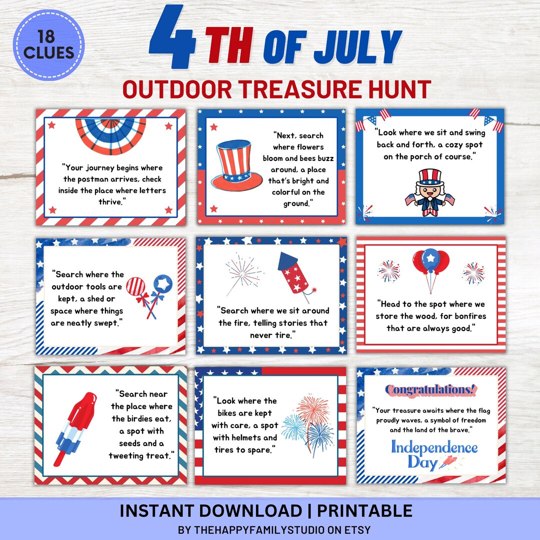 Outdoor Fourth of July Treasure Hunt Clues, Independence Day Scavenger ...