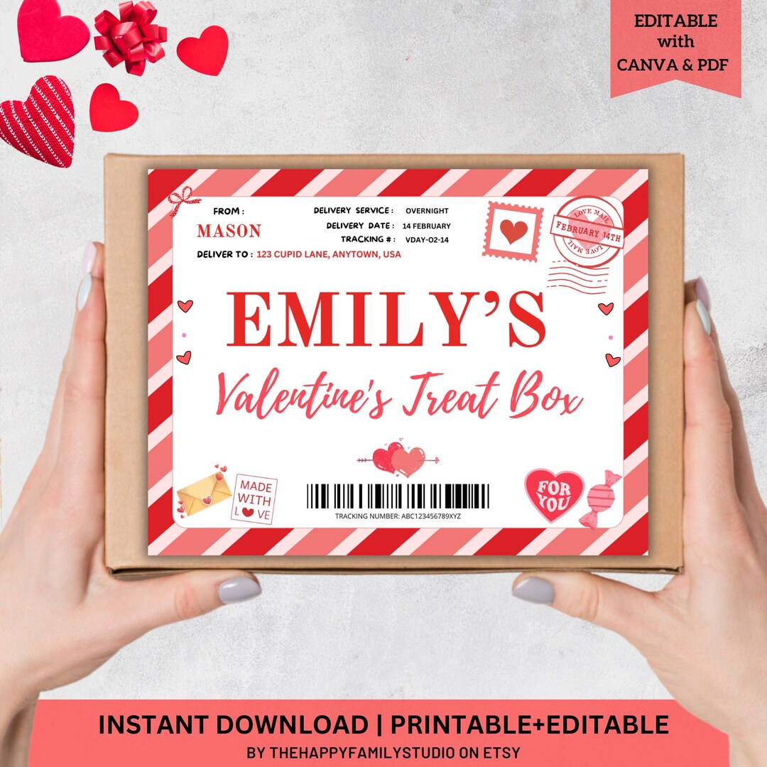 Editable Valentines Day Gift Box Label, Personalized Valentine Treat ...