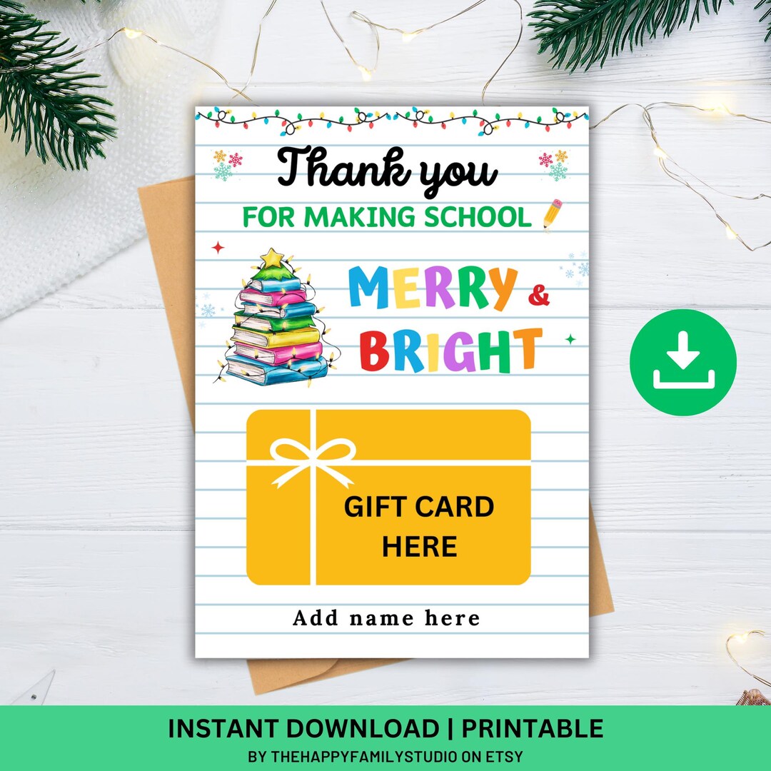 Printable Christmas Gift Card Holder, Teacher Christmas Card, Teacher ...