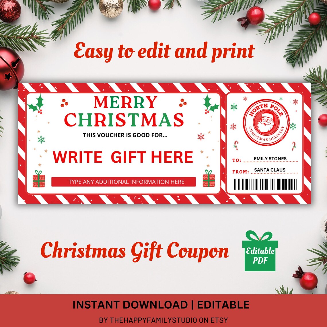 Editable Christmas Coupon, Printable Christmas Gift Certificate, Custom ...