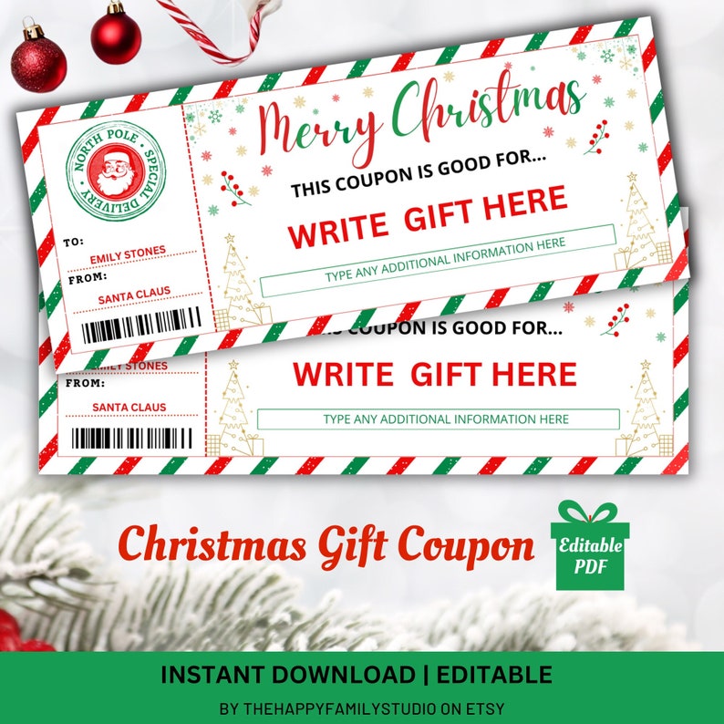 Editable Christmas Coupon, Printable Christmas Gift Certificate, Custom ...