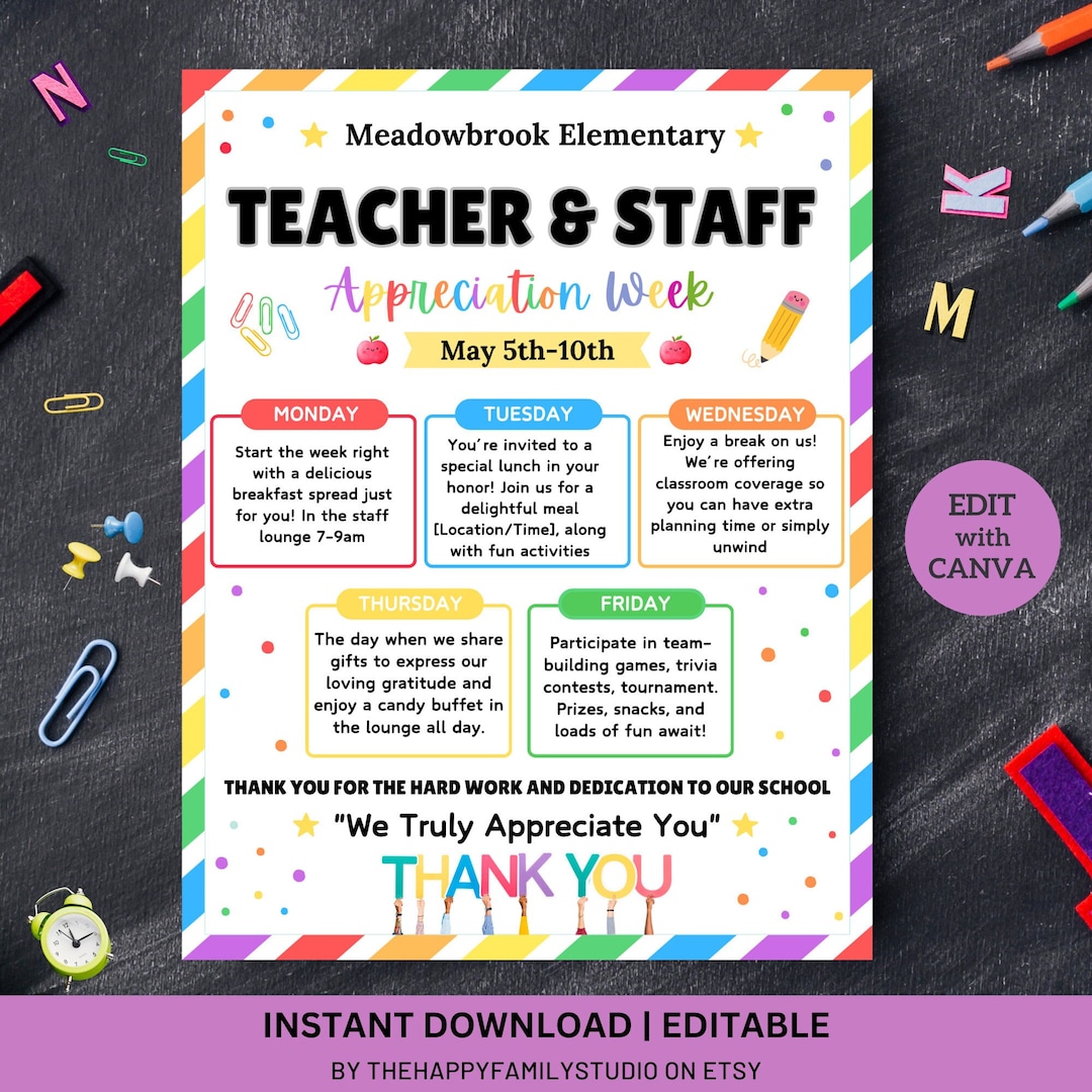 Teacher Appreciation Week Itinerary Poster Template, Newsletter ...