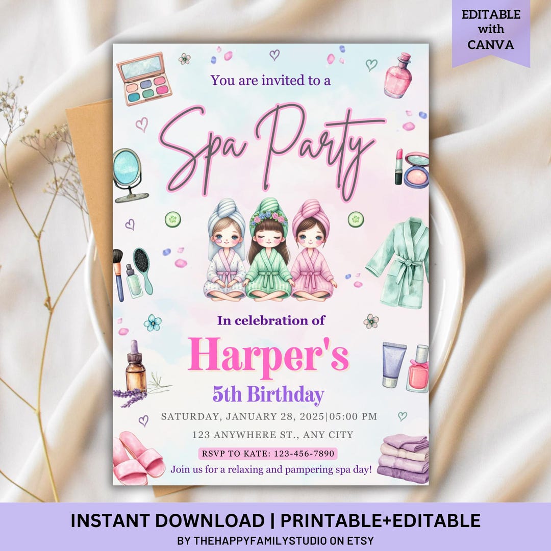 Girls Spa Birthday, Spa Party Birthday Invitation, Pamper Spa Party ...