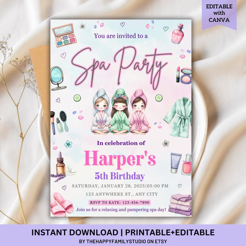 Girls Spa Birthday, Spa Party Birthday Invitation, Pamper Spa Party ...
