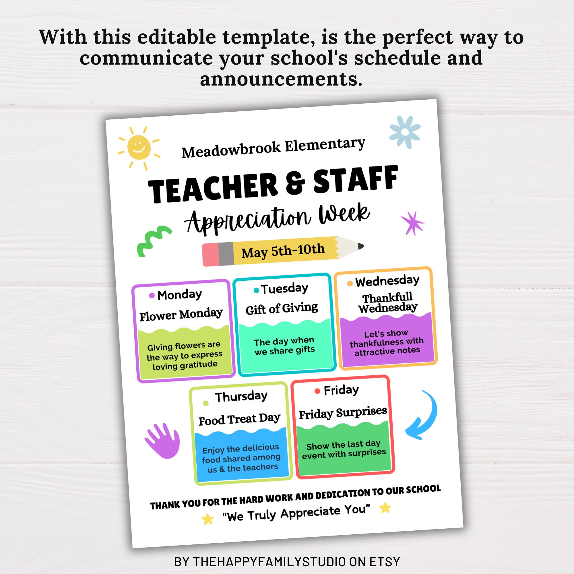 Editable Teacher & Staff Appreciation Week Flyer Itinerary, Teacher ...