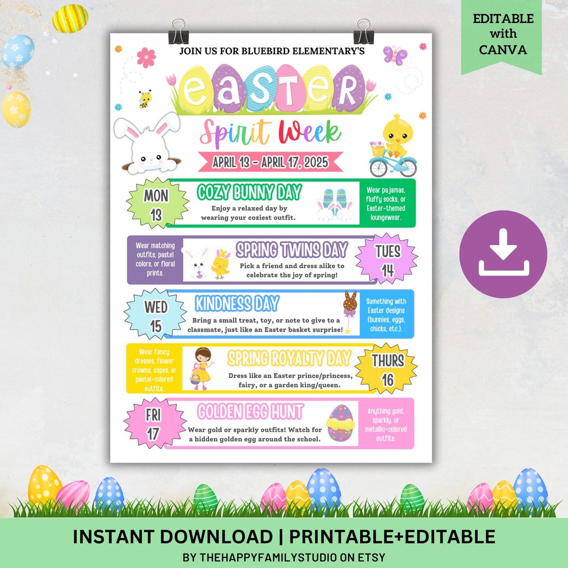 Easter Spirit Week Flyer Template, School Spirit Week Schedule, School ...