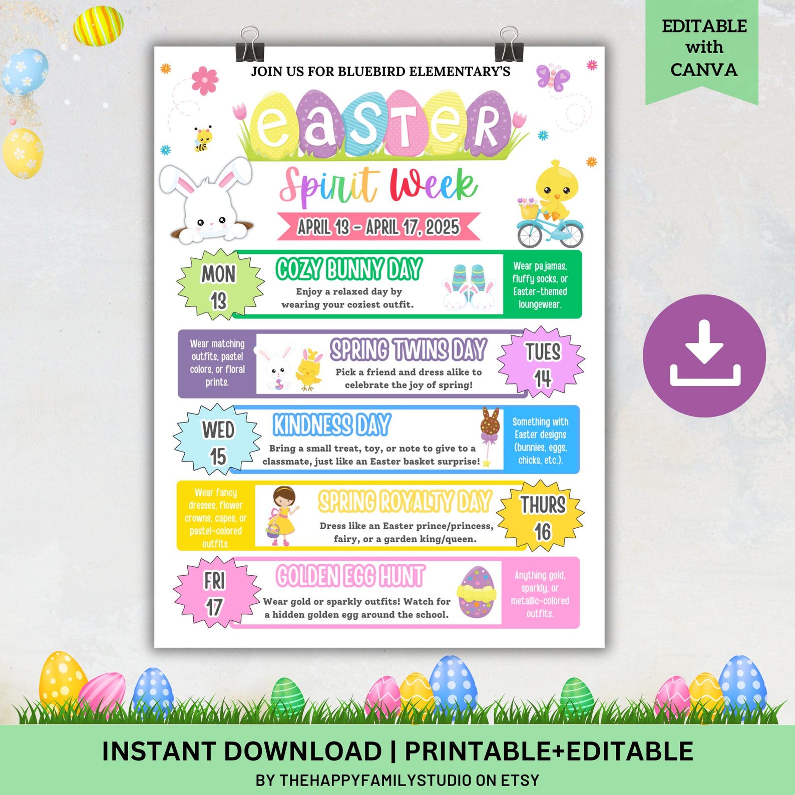 Easter Spirit Week Flyer Template, School Spirit Week Schedule, School ...