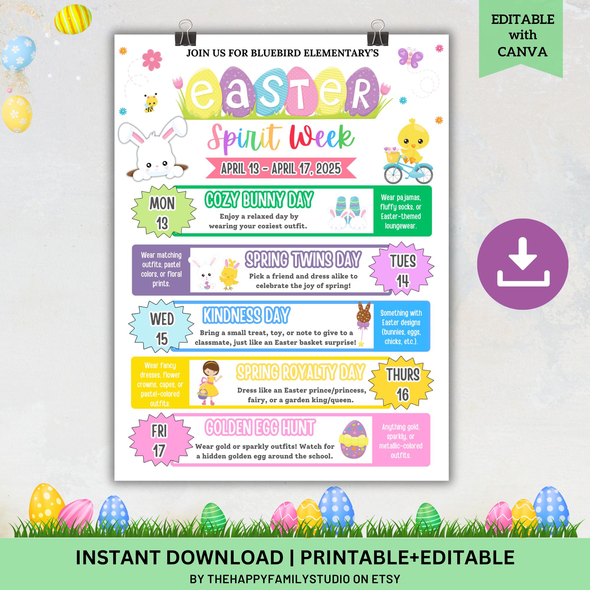 Easter Spirit Week Flyer Template, School Spirit Week Schedule, School ...