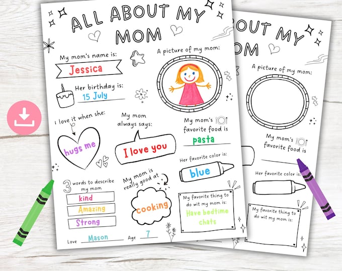 All About My Mom Fill in the Blanks Questionnaire, Mother's Day Craft ...