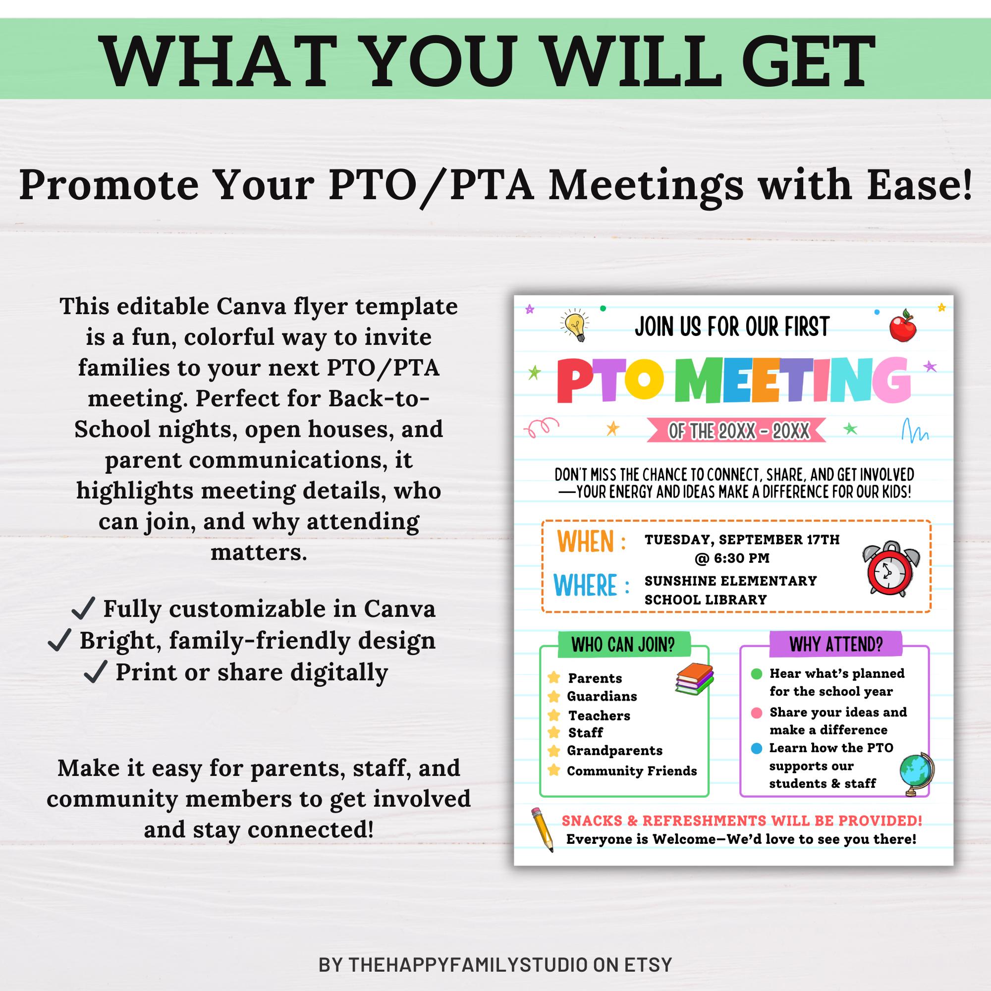 Editable PTO Meeting Flyer Template, Back to School PTA Invitation ...
