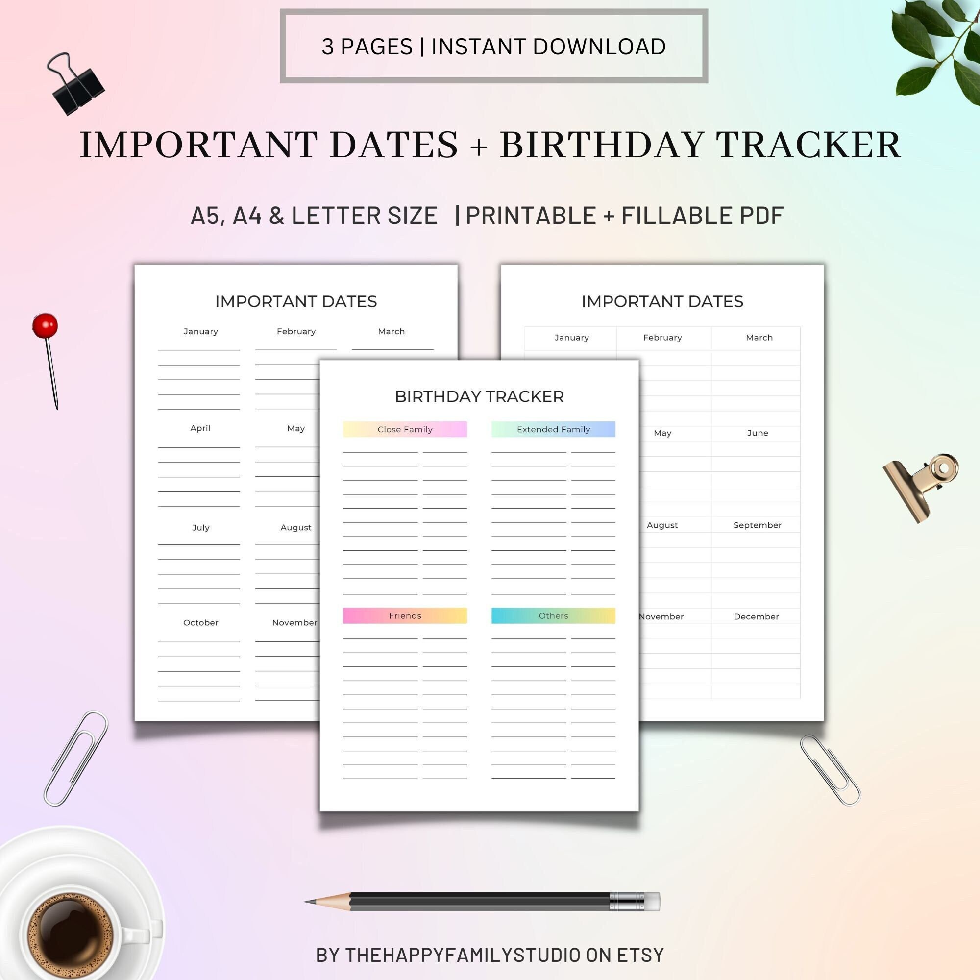 Important Dates Page Printable, Editable Birthday Tracker ...