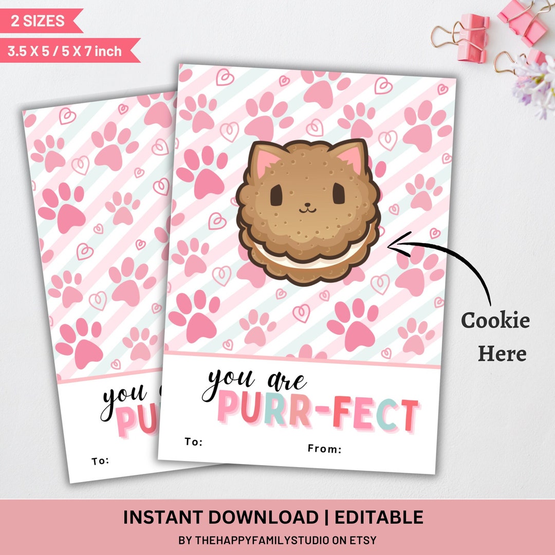 You're PURRFECT Cat Valentine Cookie Card, Printable Kitty Cookie Card ...