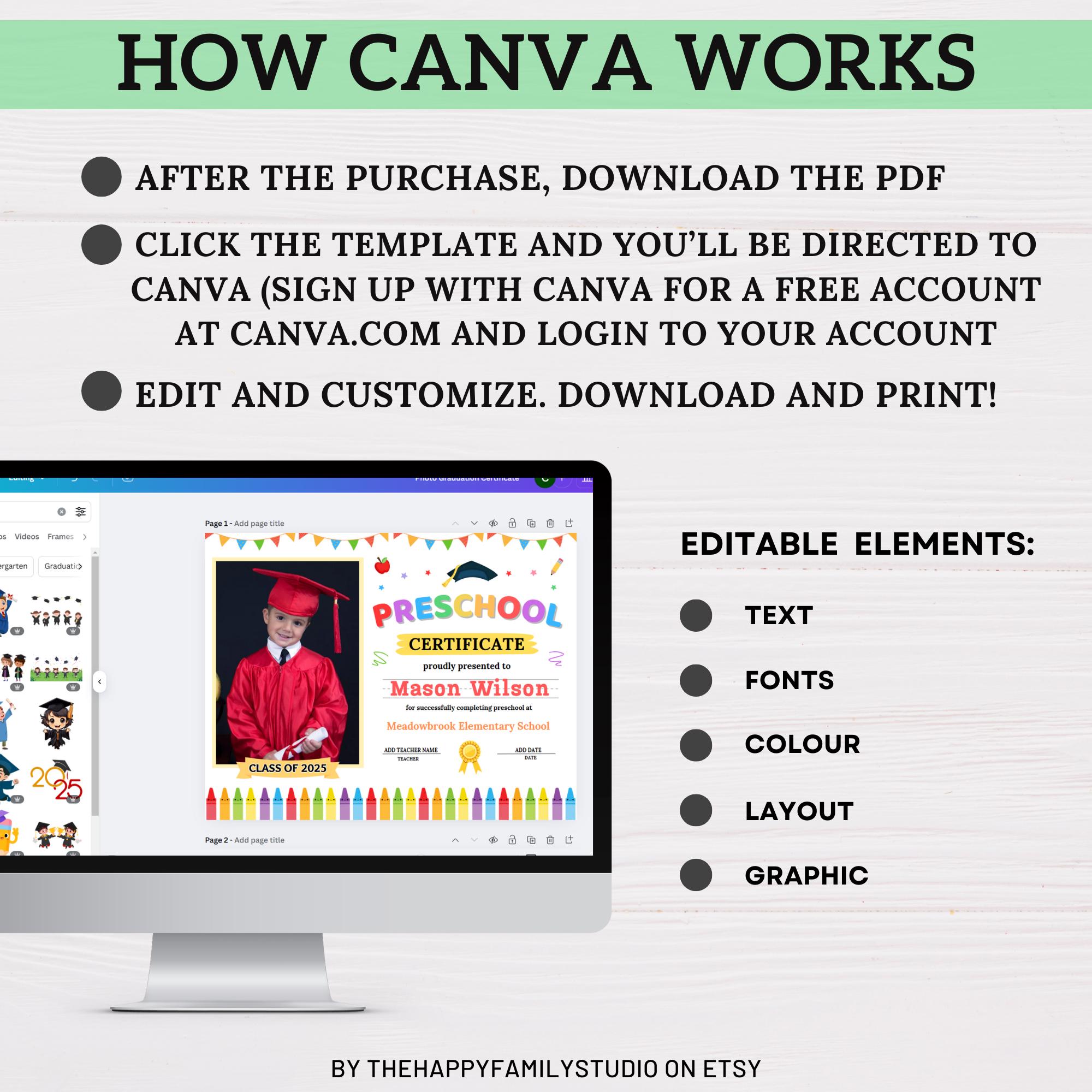 Editable Preschool Graduation Certificate With Photo (canva Template ...