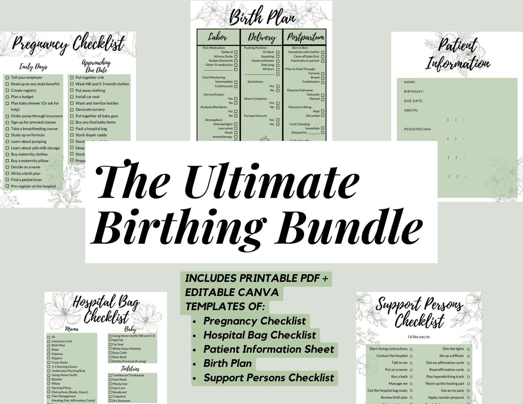 Ultimate Birthing Plan Bundle in Earthy Green | Hospital Bag, Pregnancy ...
