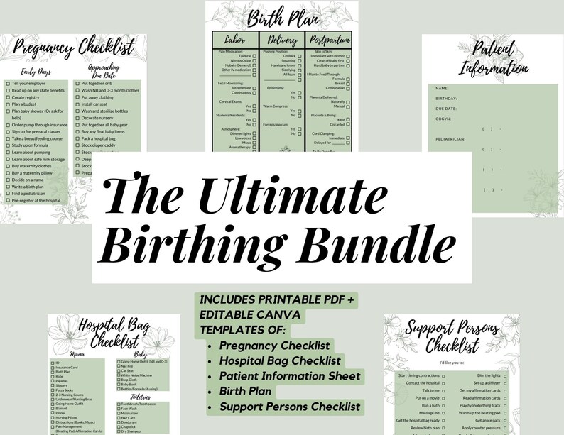 Ultimate Birthing Plan Bundle in Earthy Green | Hospital Bag, Pregnancy ...