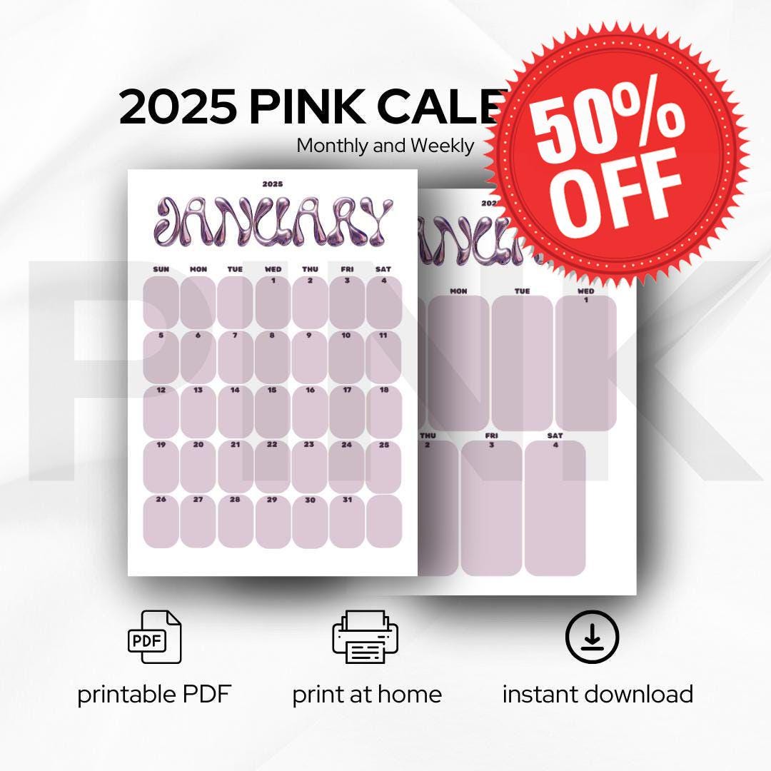 2025 Pink January Fillable Calendar, Monthly & Weekly, Minimalist ...