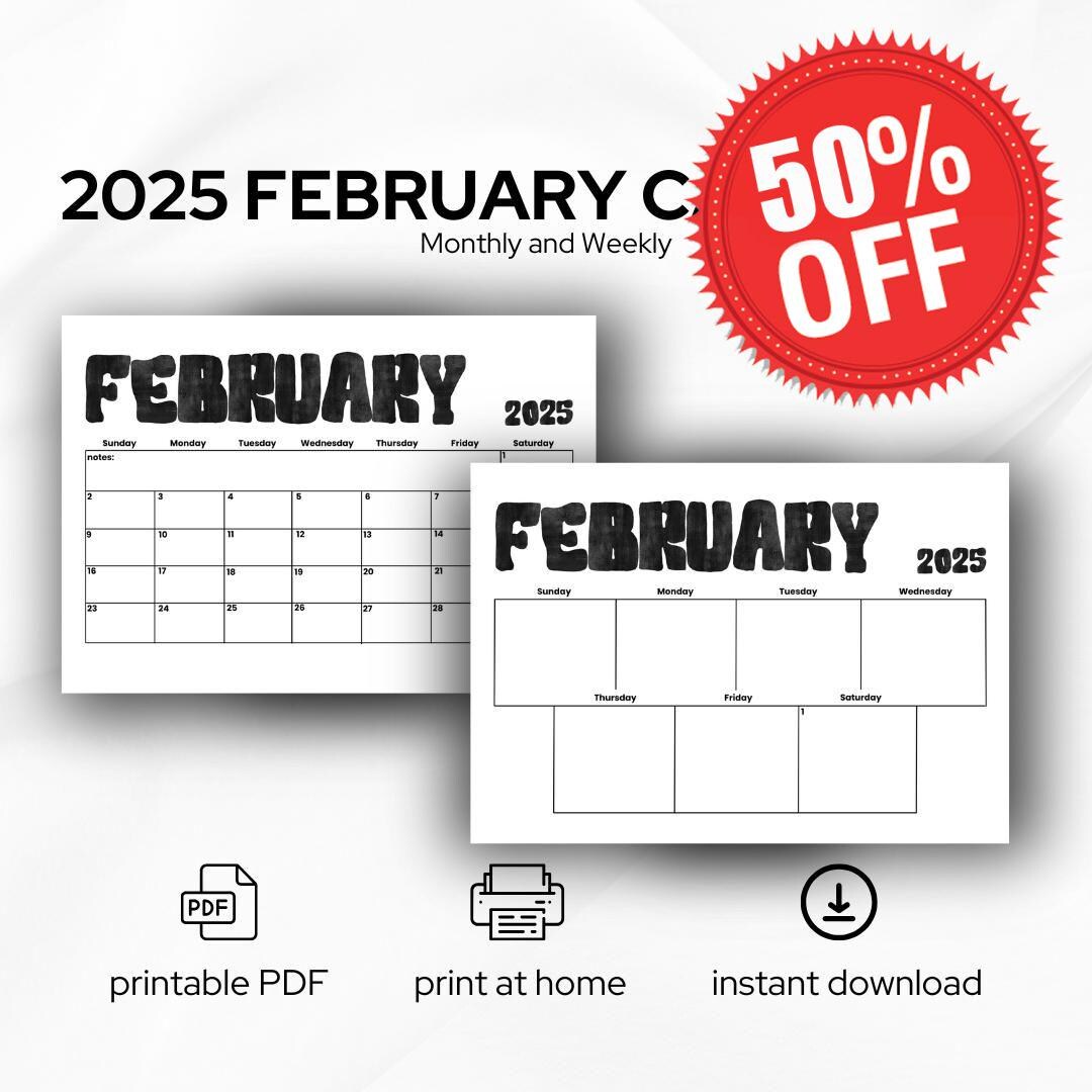 2025 Black-white February Fillable Calendar, Landscape Monthly&weekly ...